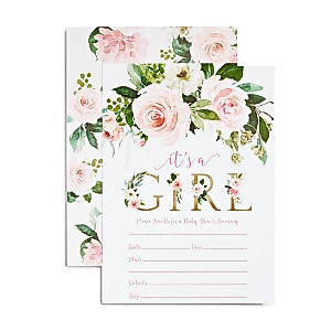 All Ewired Up 25 Pink It's A Girl Baby Shower Invitations with Envelopes (Large Size 5x7) Boxed Set, Double-Sided, Boho Floral Greenery, Sprinkle, Blush Boho