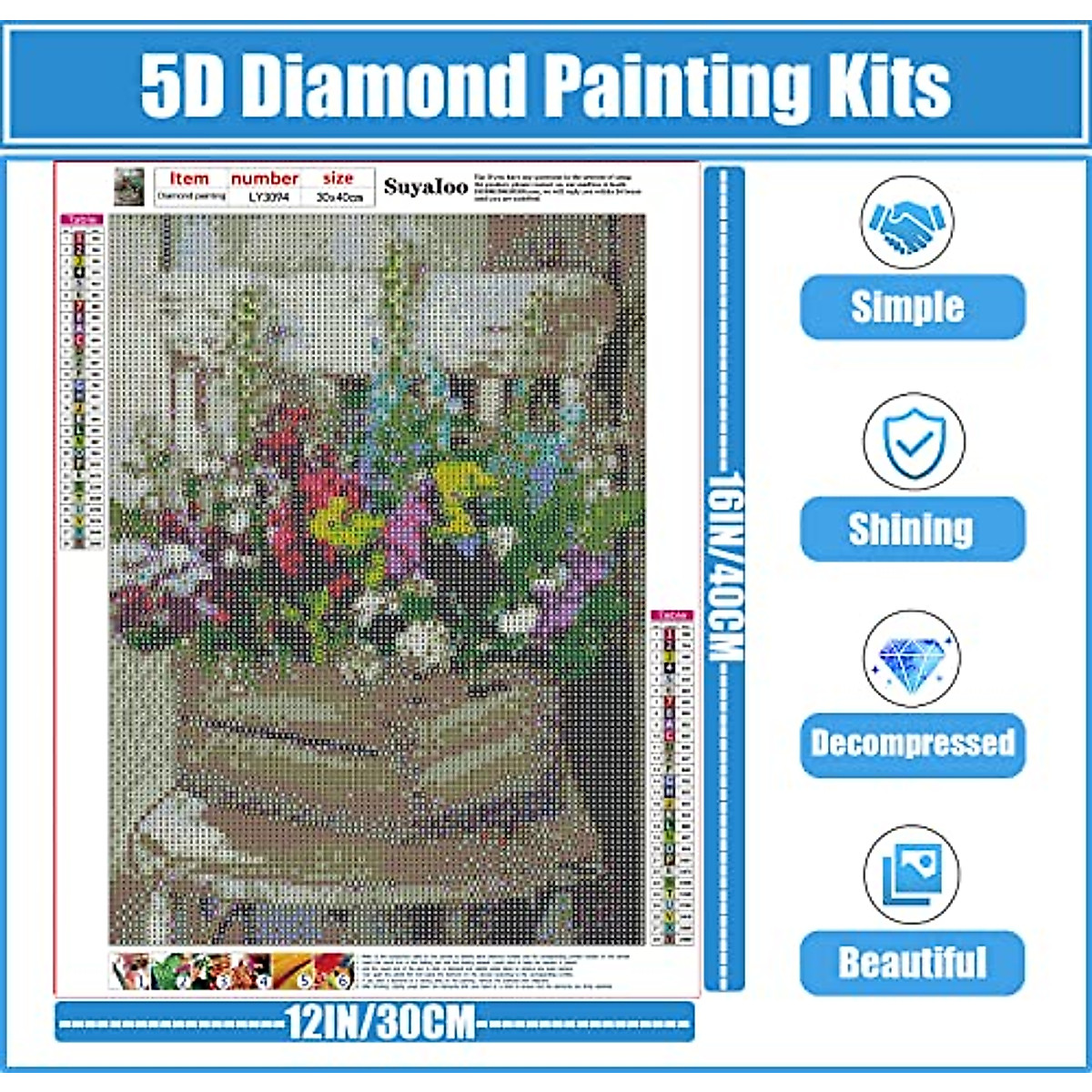 Suyaloo Flowers Diamond Painting Kits for Adults - 5D Diamond Art Kits for Adults Kids Beginner,DIY Full Drill Diamond Dots Rhinestone Diamond Arts Kits for Home Wall Decor Gifts 12x16inch