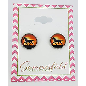 Stainless Steel Sunset Horse Print Glass Stud Earrings 12mm