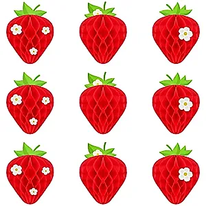 9 Pcs Orange Honeycomb Balls Orange Birthday Party Supplies Favors Cactus Strawberry Table Centerpieces Tissue Paper Honeycomb Tabletop Hanging Decors Decorations for Party Baby Shower (Strawberry)