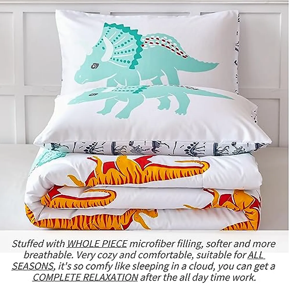 RYNGHIPY Dinosaur Comforter Set for Kids Boys Girls Dinosaur Bedding Set with 2 Pillowcases Soft Breathable Microfiber Comforter Sets for All Season (White,Twin)