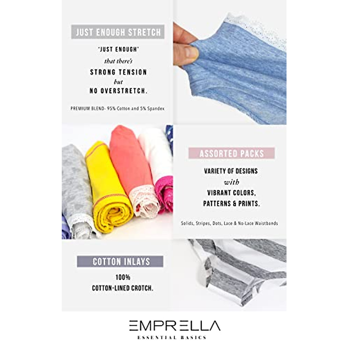 Emprella Cotton Underwear Set for Women, 5 pcs Pack Seamless Women's Underwear, Cheeky Hipster Panties, Solid Bliss, Medium
