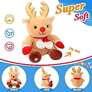 Hopearl Christmas LED Plush Reindeer Light up Elk Stuffed Animal Rudolph Floppy Night Lights Glow in The Dark Birthday Festival for Kids Toddler Girls, Brown, 13’’