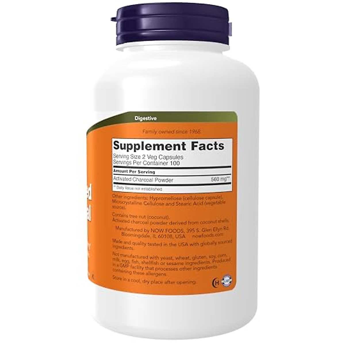 NOW Foods Supplements, Activated Charcoal Made from Coconut Shells, Non-GMO Project Verified, Detox Support*, 200 Veg Capsules