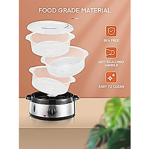 FOHERE Electric Food Steamer for Cooking, Vegetable Steamer 800W Fast Heating with 3 Tiers BPA-Free Nested Basket Trays and Auto Shut-off 60-min Timer, Rice Bowl Included, 9.5QT