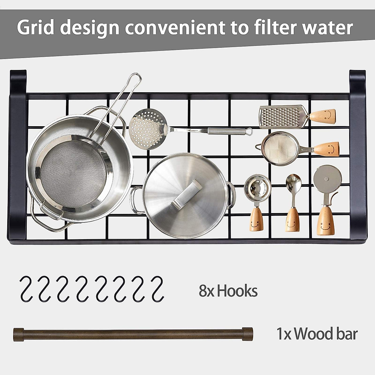 Love-KANKEI Pot Rack Wall Mounted Pan Pot Organizer Wall Shelf with Towel Bar and 8 Hooks for Kitchen Cookware Utensils Organization Black