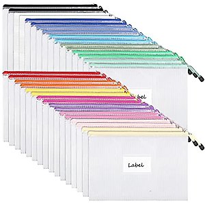 EOOUT 32pcs Mesh Zipper Pouch, Letter Size, Zipper Bags, Document Bag with Label Pocket, Plastic Zip File Folders in 16 Colors, for Organizing, for School, Board Games and Office Supplies