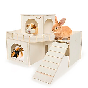Wooden Guinea Pig Hideout House with Ramp, Large Guinea Pig Castle, Multi-Chamber Small Animal Habitat Decor, Cage Accessories for Hamster Guinea Pig Chinchilla Dwarf Rabbit Hedgehog Squirrel