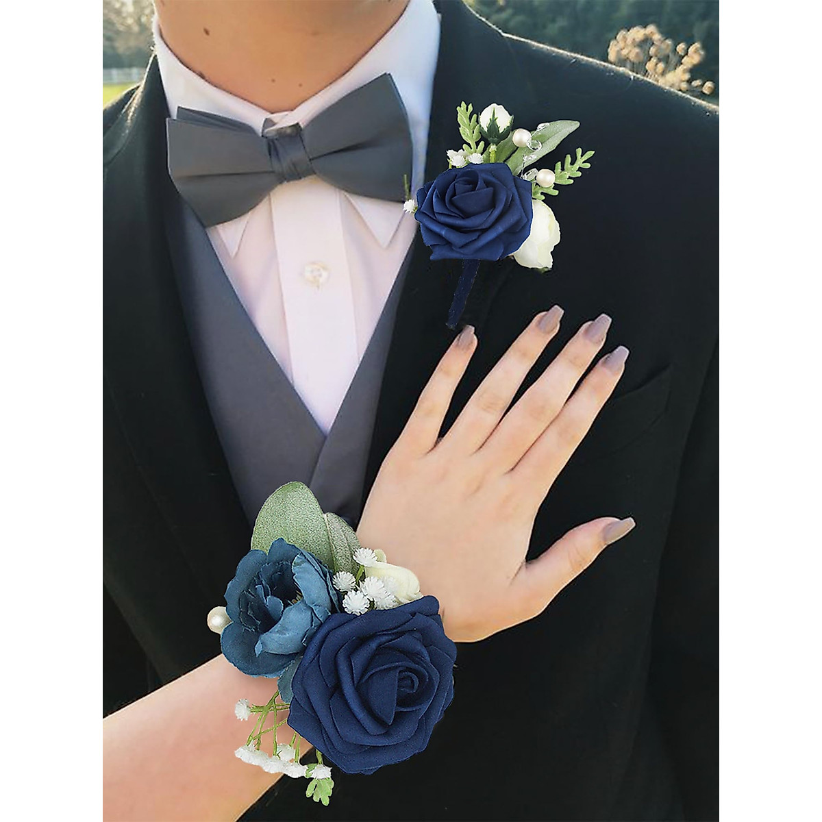 Rinlong Navy Blue Rose Corsage and Boutonniere Set for Men Wedding Homecoming Prom
