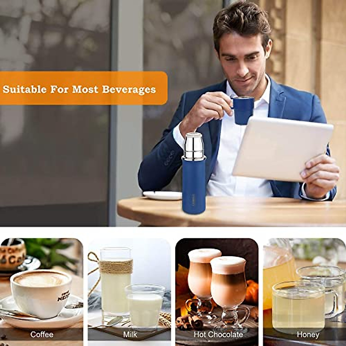 Insulated Water Bottle with Cup, 21 OZ Stainless Steel Water Bottle, Coffee Insulated Bottle with Handle, Double-Walled Thermal Water Bottle for Hot Drinks & Cold Drinks, Blue