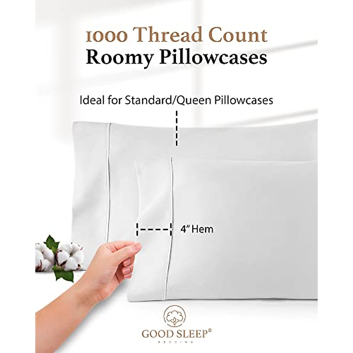 1000 Thread Count 100% Egyptian Cotton Pillow Cases, White Standard Pillowcase Set of 4 Long-Staple 100% Cotton Pillow Case for Sleeping Soft & Silky Sateen Weave Bed Pillow Cover Hotel Pillowcases
