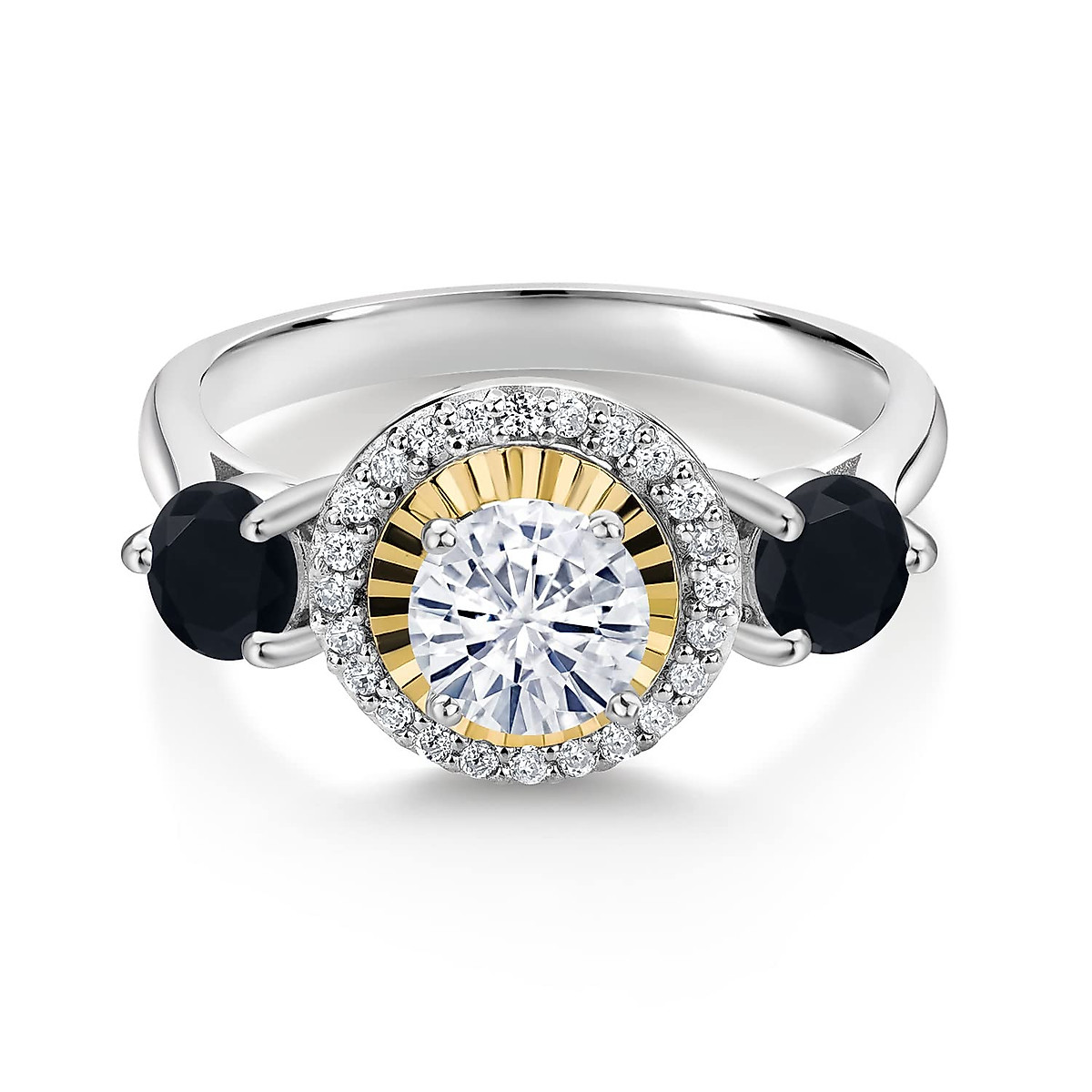 Gem Stone King 925 Silver and 10K Yellow Gold Black Onyx Moissanite and Lab Grown Diamond 3 Stone Women Engagement Ring (1.06 Cttw, Gemstone Birthstone, Available In Size 5, 6, 7, 8, 9)