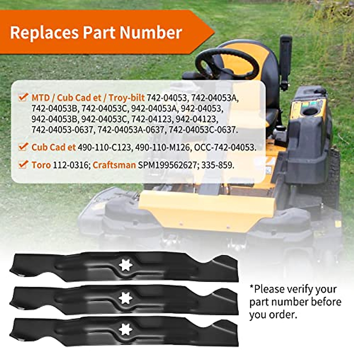 942-04053C Mower Blades Fit for Cub-Cadet 50" Deck, 742-04053 2-in-1 Blade Compatible with Cub Cad et LTX1050, RZT50, Troy Bilt Mustang 50, Toro LX500 Lawn Mowers, Replace 742-04053A 112-0316, 3 Pack