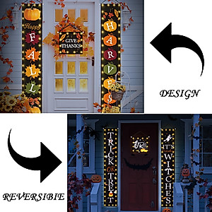 Tatuo 3 Pcs Lighted Halloween Reversible Banner Happy Fall Harvest and Halloween Trick or Treat Witches Banner Thanksgiving Day Halloween Party Porch Sign Hanging Sign for Fall Decorations Outdoor
