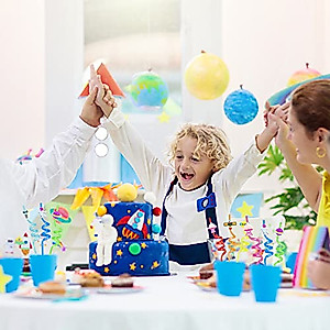 24 PC Outer Space Straws Party Favors, Reusable Plastic Straws for Birthday Party Decorations Include Solar System Astronaut Rocket Spaceship Satellite Planet Straws with 2 PC Clean Brushes