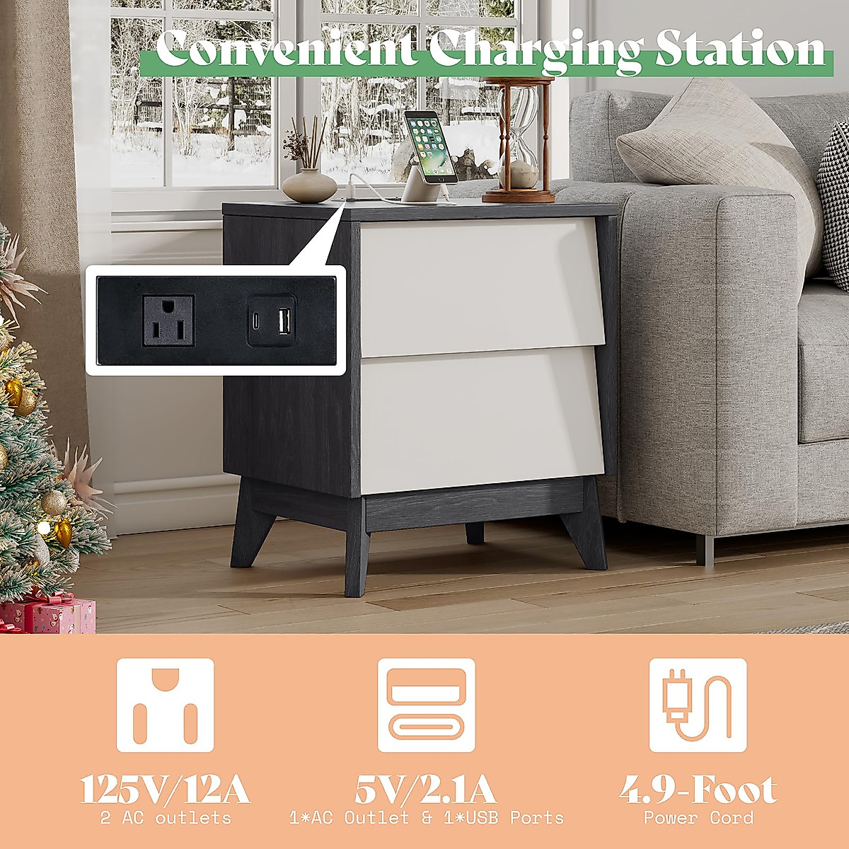 AMERLIFE Nightstands Set of 2, Mid-Century End Side Table with Beveled Drawers & Charging Station, Modern Storage Cabinet for Bedroom, Office, White & Black Walnut