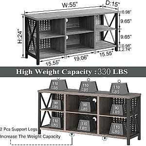 LVB Rustic Entertainment Center for 65 Inch TV, Industrial Wood TV Stand with Media Cabinet Storage, Farmhouse Metal Television Stands Console Table for Home Living Bedroom, Light Grey Oak, 55 Inch
