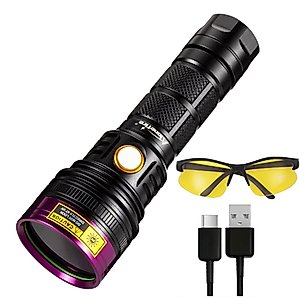 Alonefire SV18 12W 365nm UV Flashlight USB Rechargeable Ultraviolet Blacklight Pet Urine Detector for Resin Curing, Fishing, Minerals, Scorpion with UV Protective Glasses, Battery Included