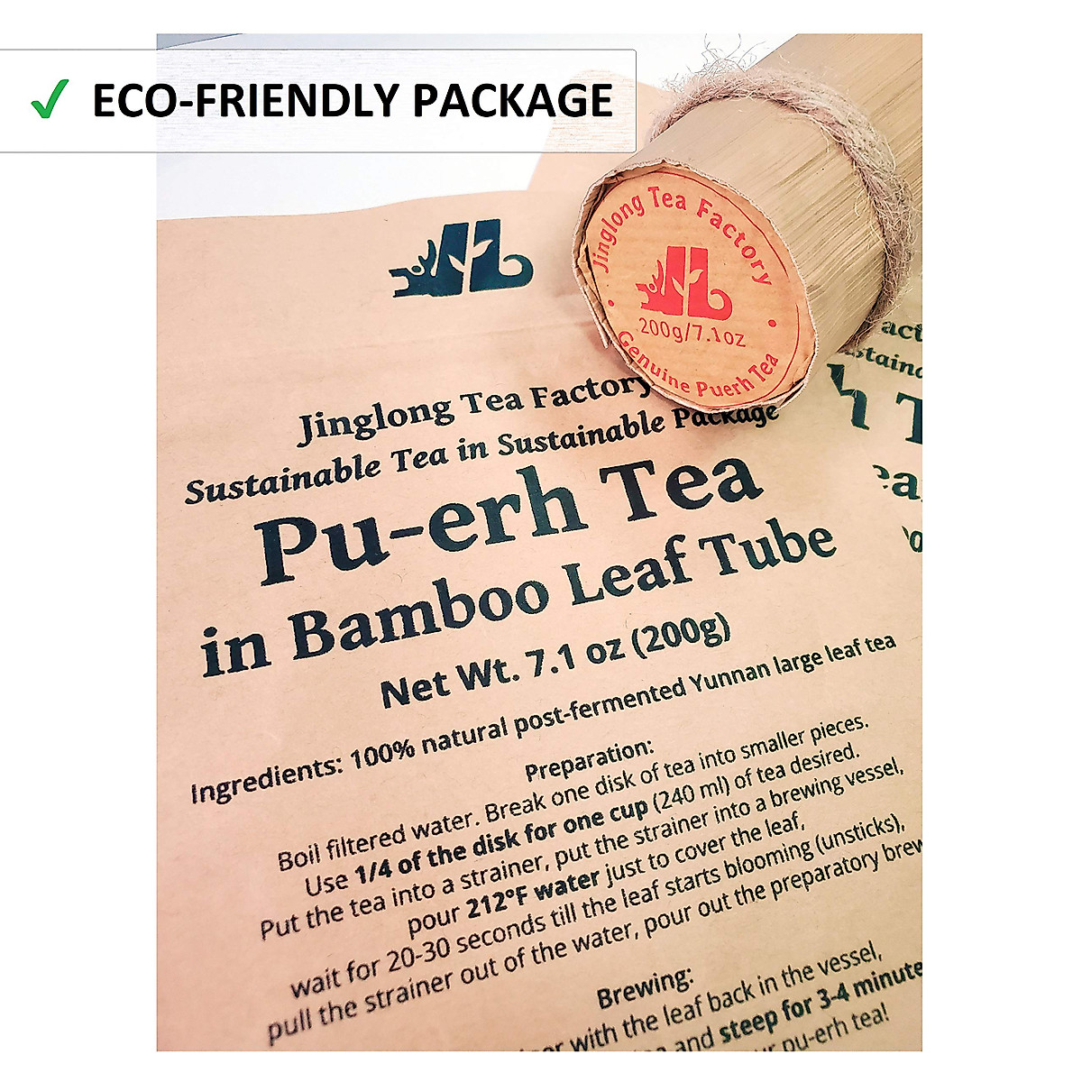 Jinglong Tea Factory - Pu-erh Tea in Bamboo Leaf Tube (80 Cups) Ripe Puerh Tea (7.1 Ounce)
