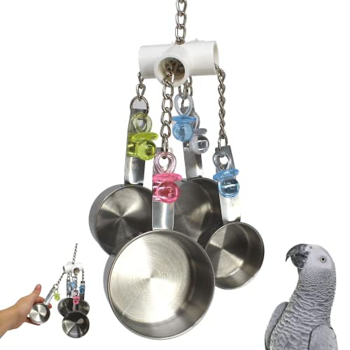 Bonka Bird Toys Clacker Colorful Durable Stainless Steel Pullable Parrot Macaw African Grey Cockatoo (Single Clacker, White)