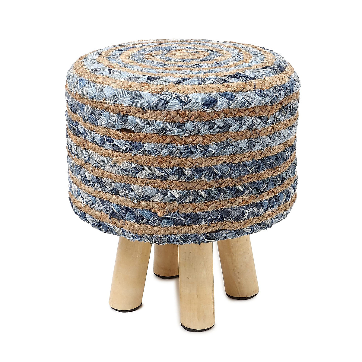 REDEARTH · Foot Stool -Handmade Wooden 4 Legs Jute and Denim Seat Footrest for Living Room, Bedroom, Nursery, kidsroom, Patio, Gym; 50% Cotton 50% Jute (16"x14"x14"; Levi Charm Denim Blue)