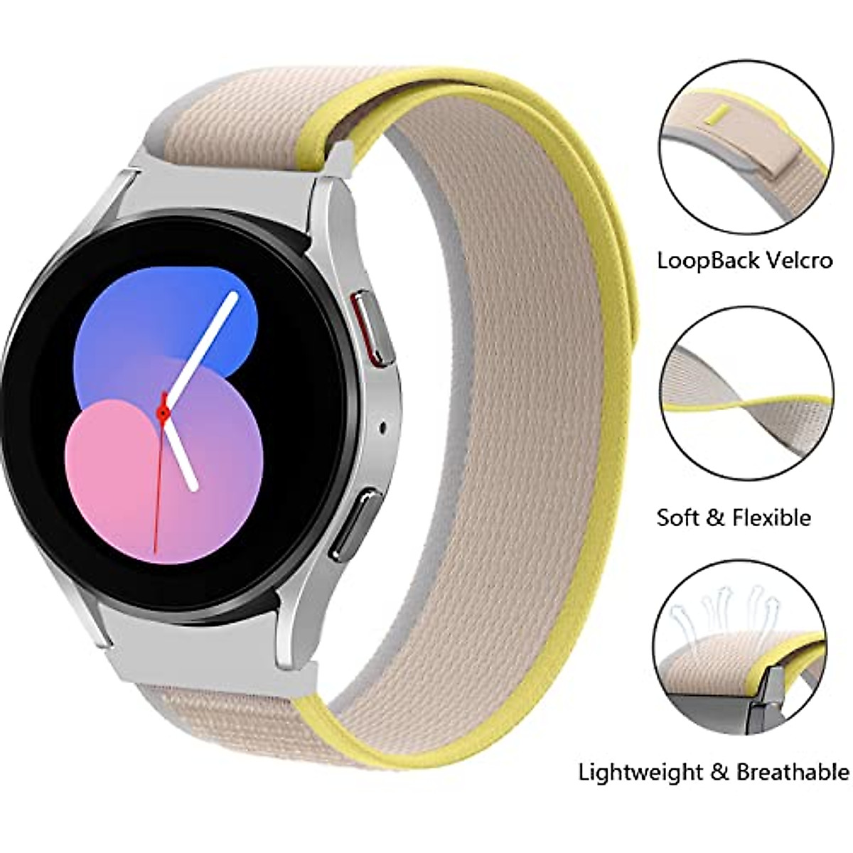 2 PACK Trail Loop Nylon Band for Samsung Galaxy Watch 6/5/4 40mm 44mm Band/6 Classic 43mm 47mm Band/5 Pro Band 45mm/4 Classic 42mm 46mm Band, Breathable Nylon Straps Women Men(Black/Milk White)