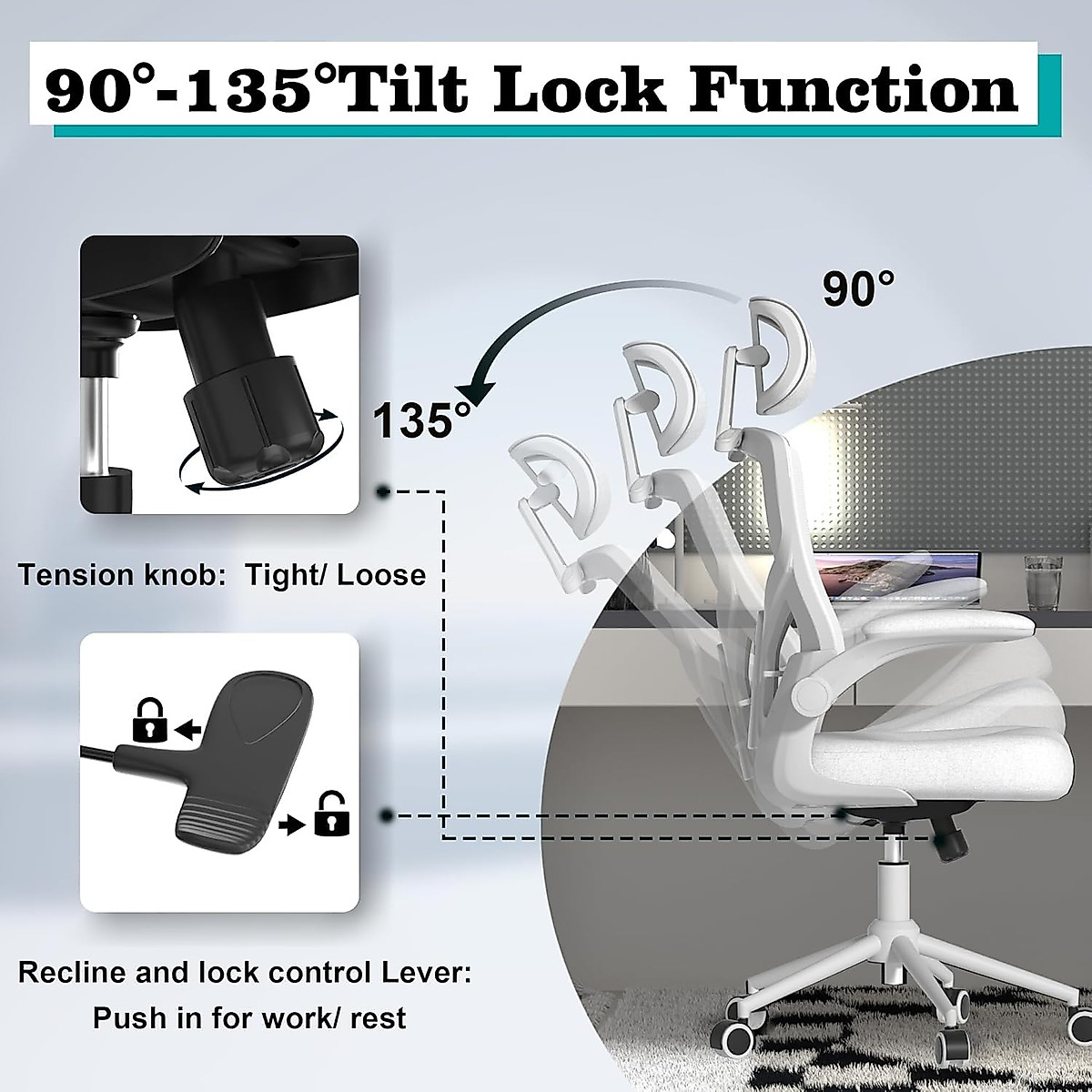 FOKESUN Ergonomic Office Chair, High Back Mesh Desk Chair with Molded Foam Cushion, Adjustable Headrest, Lumbar Support, Lock Function (All White)