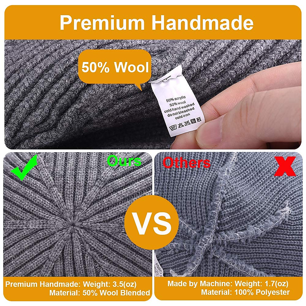 3 Pack Wool Fisherman Beanies for Men, Short Knit Watch Cap Cuffed Trawler Hats,C