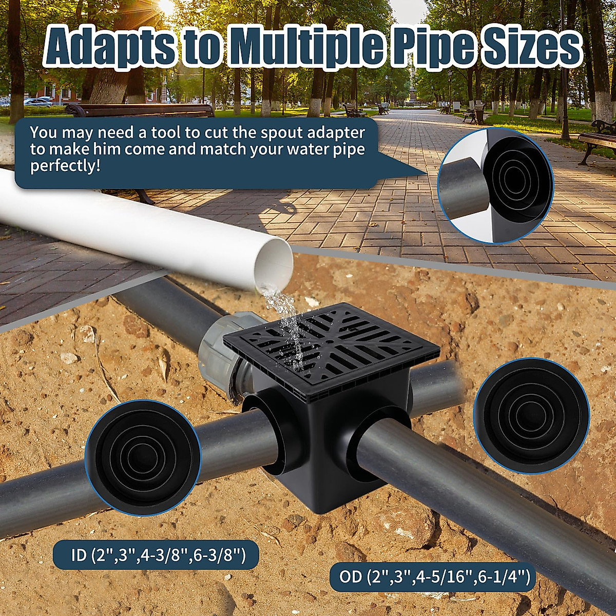 Dooeant Upgrade 12-Inch Catch Basin Drainage Kit with Debris Basket Strainer, Fit for 4 Size(2",3",4-3/8",6-3/8") Pipes, for Garden, Yard, Lawns, Outdoor (1 Pack)