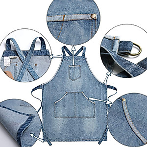 Jeanerlor - Cotton Denim Apron with Convenient Pockets for Women - Jean Apron for Hairstylist Artisan and Barista Cross Straps Adjustable S to L (Denim Blue)