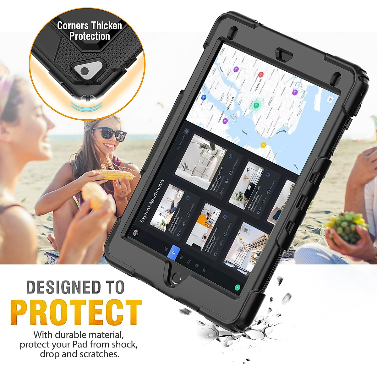 HXCASEAC Case for iPad Pro 9.7, Air 2, 9.7 inch 6th/5th Gen 2018/2017/2016/2014 with Screen Protector/Pencil Holder/ 360 Rotating Hand Strap Stand, Full Body Protective Cover for iPad 9.7 - Black