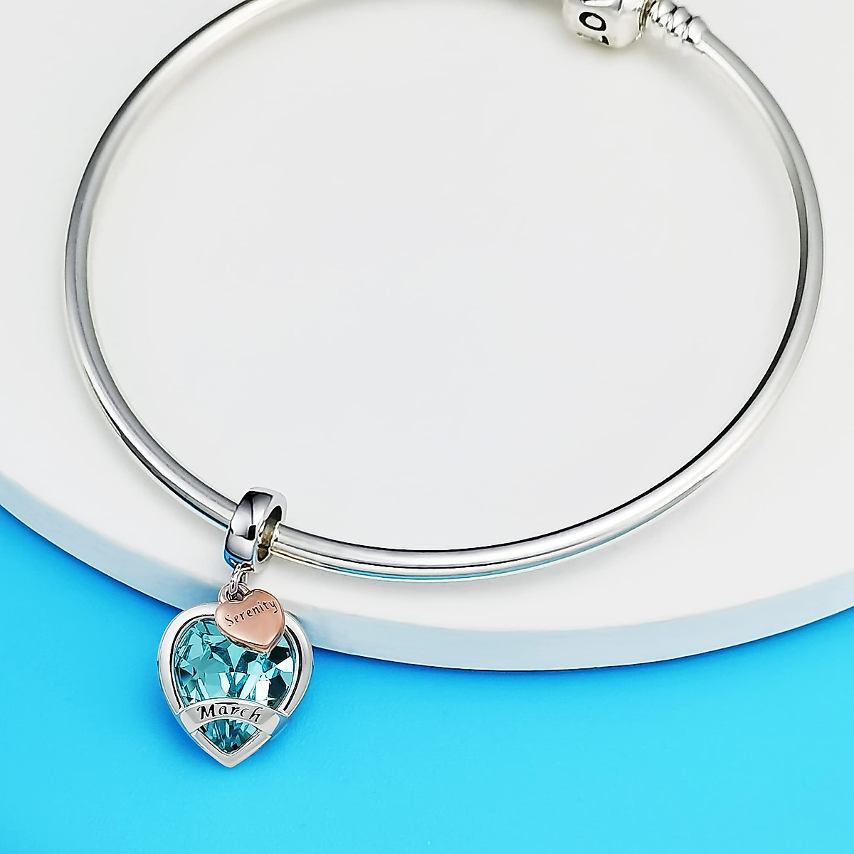 AMATOLOVE March Blue Birthstone Charms for Bracelets Rose Gold Heart Dangle Serenity Charm for Women Birthday Christmas Gifts