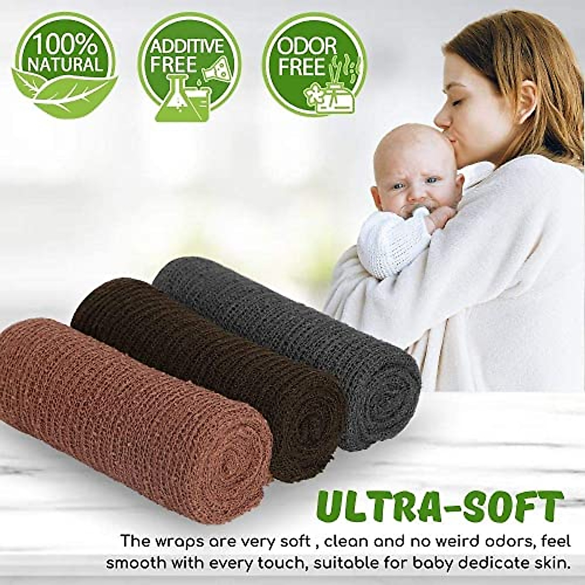 Sunmig Newborn Photography Props, 3 Pcs Baby Stretch Wraps, Professional Baby Photo Props Long Ripple Wrap, for 0-6 Months Baby (Dark Grey+Coffee+Brown)