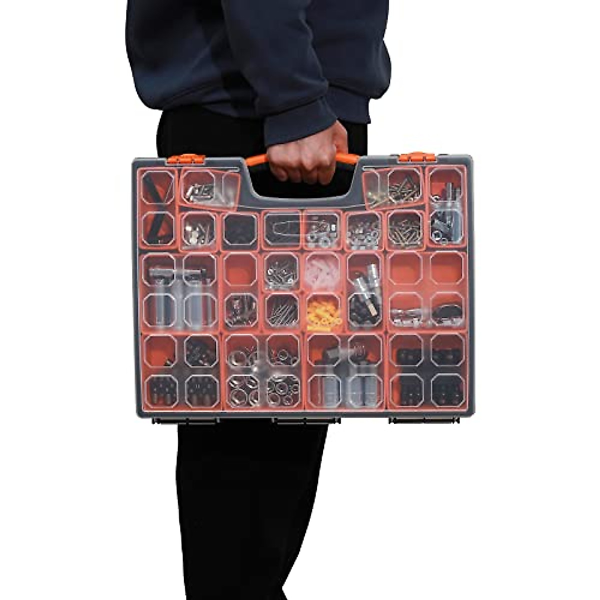 MIXPOWER Portable Storage Organizer with Secure Locks, 16-Inch Tool box with 22 Bin Compartments, Multi-Purpose Portable Plastic Professional Organizer, Orange/Clear