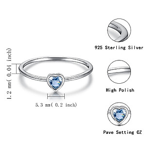 Simple Heart Birthstone Ring for Women 925 Sterling Silver Stackable Promise Ring with Colorful Cubic Zirconia Minimalist Jewelry Gift (March, 6)