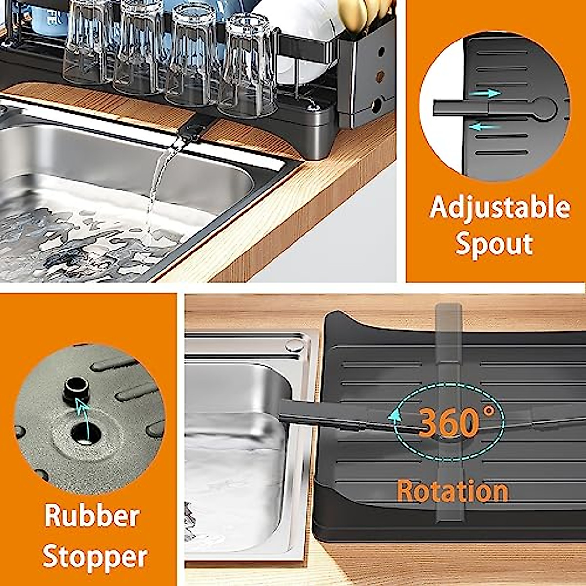 Large Dish Drying Rack for Kitchen Counter, 2 Tier Stainless Steel Kitchen Dish Rack Drainer Black,Countertop Dish Dryer Rack with Drainboard,Utensil Holder,Cups Holder,Large Capacity(16.5*11.8*13 IN)