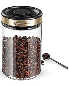 Maestri House Vacuum Coffee Canister Pro, AirTight Coffee Containers, Vacuum Glass Coffee Jar with Coffee Spoon, 40 fl OZ/1.2L Professional Coffee Storage Container for Barista, Gifts (Golden)