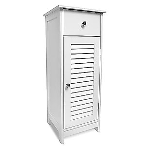 MICRODRY Narrow Bathroom Storage Floor Cabinet with Slatted Door, Drawers and Shelves, Bathroom Storage, Compact Functional Design, Premium Water Resistant Coating, Easy to Assemble, White