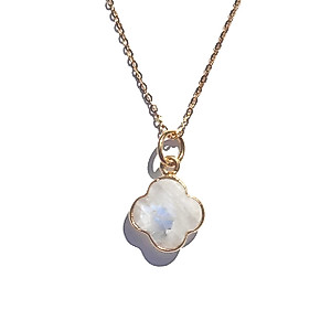 Joyfulmuze Genuine Rainbow Moonstone Clover Necklace, 18kt Gold Over Sterling Silver, Handcrafted Gifts for Women and Girls, Luck Four Leaf Pendant, 18 inches long (Rainbow-Moonstone-Gold)