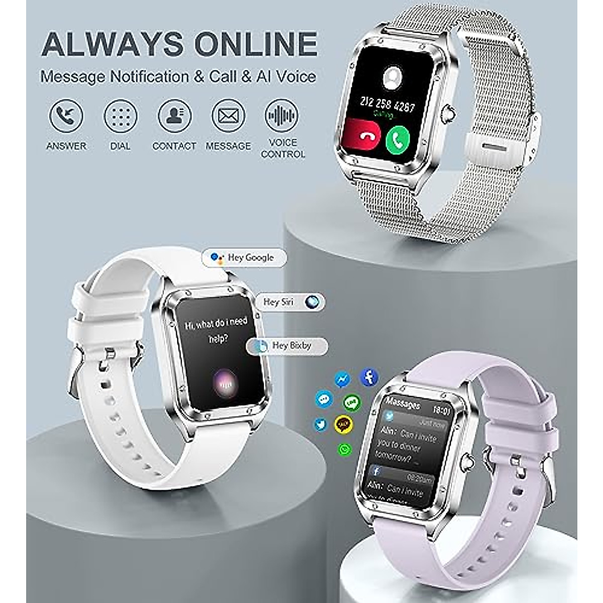 Iaret Smart Watch for Women (Call Receive Dial), Smart Watches for Android iOS Phones Smartwatch with AI Voice Control Heart Rate Sleep Monitor Pedometer Waterproof Activity Tracker Silver