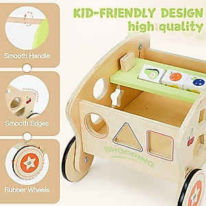 Wooden Baby Walker, Baby Push Walker for 1-3, Toddler Shopping Cart for Girl and Boy Shape Sorting Grocery Cart Push & Pull Toy Adjustable Height Kids Learning Walker Montessori Toys