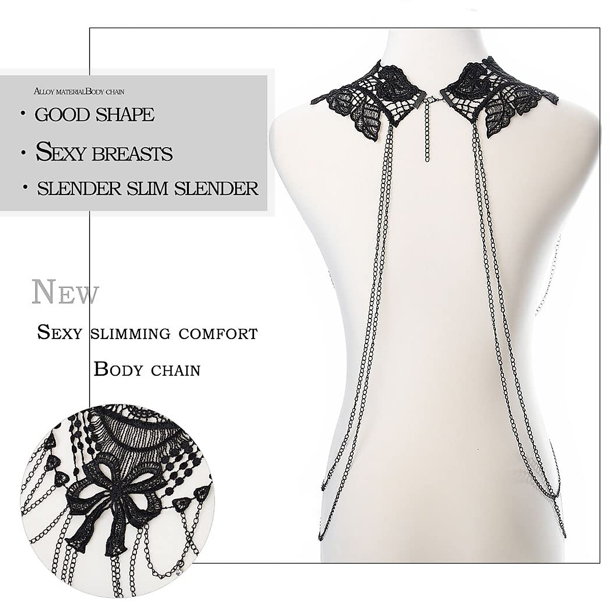 Yovic Gothic Black Body Chain Sexy Lace Shoulder Necklace Chain Layered Rhinestone Bra Chain Rave Prom Costume Party Body Jewelry for Women