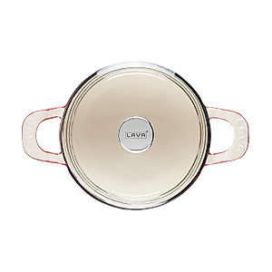 Lava Cast Iron Three Layers of Enameled Cast Iron Small Wok Pan with Glass Lid and Metal Knob with Elegant Handles - 6.5 Inch Diameter Round, Baby Collection (Red)