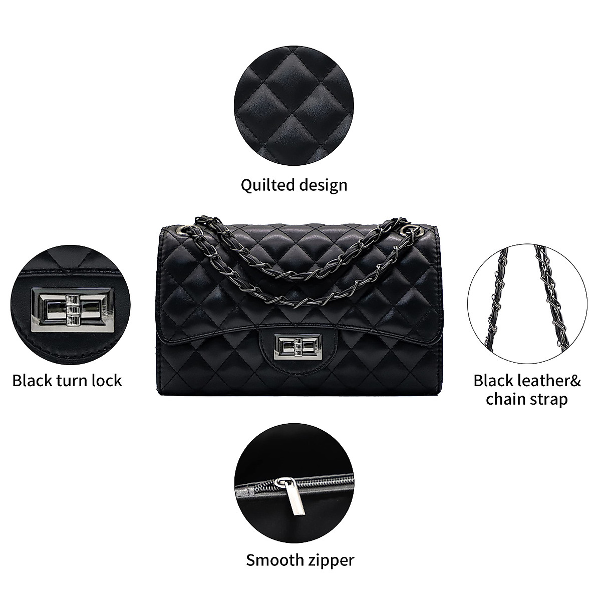 Eveupp Quilted Crossbody Bags for Women Black Chain Purse Leather Quilted Bag Clutch Purses Large
