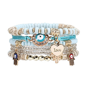 WuCuifu Stackable Bracelets for Women - 8 Packs Bohemian Stretch Bracelets Multi-color Jewelry for Women Evil Eyes Bracelets, Pink