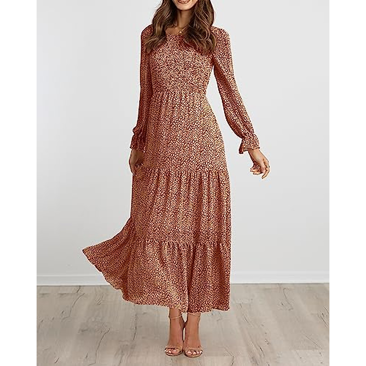 BTFBM Women Casual Long Sleeve Crew Neck Fall Dress Bohemian Relaxed Fit Floral Flowy Maxi Dresses Tiered Cocktail Dress（Floral Brown, Small