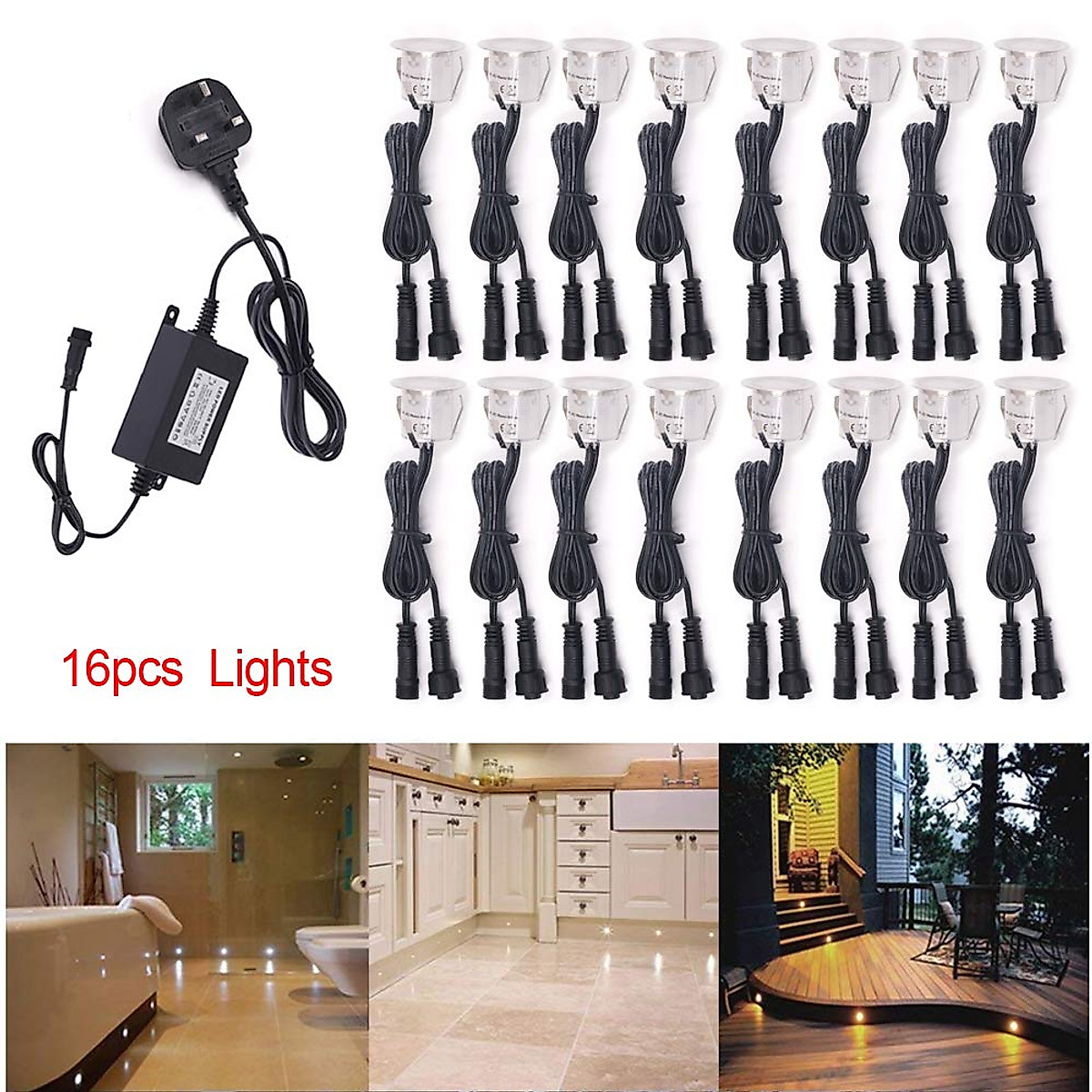 XUNATA Pack of 16 Recessed LED Deck Light Kits, In Ground Outdoor LED Landscape Lighting IP67 Waterproof, 12V Low Voltage for Garden Yard Steps Stair Patio Floor Kitchen Decoration(Natural White)