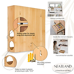 NEATLAND Plastic Wrap Dispenser with Cutter, 5 in 1 Bamboo Foil and Plastic Wrap Organizer for Kitchen Drawer or Wall, Ziplock Bag Organizer for Gallon, Quart, Sandwich, Snack sizes