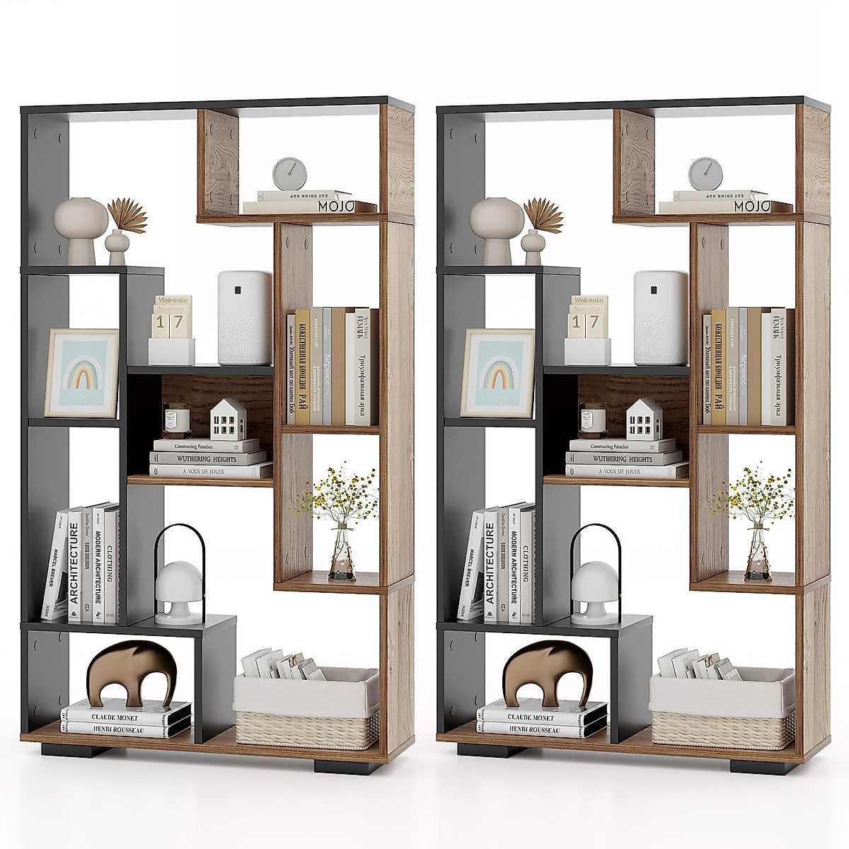 Tangkula Geometric Bookshelf, 47 Inch Tall Bookcase with Multiple Open Shelves, Anti-Tipping Devices, Freestanding 9 Cubes Bookshelf Storage Display Rack for Living Room Study (Black, 47", 2-Pack)