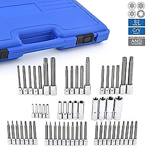 NEIKO 10287A Extra Long Socket Bits and Deep Socket Set | 60 Piece | S2 Tamperproof Torx Plus Bits and Cr-V Steel E-Torx Sockets